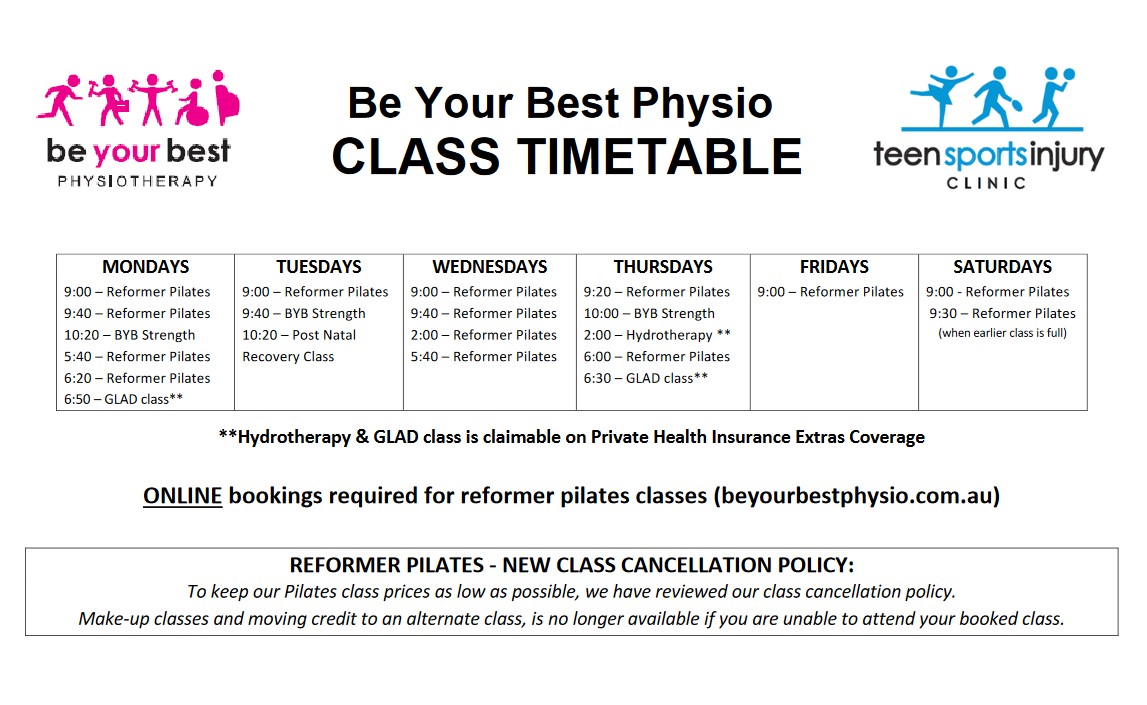 Updated Class Timetable (August 2023) – Be Your Best Physio